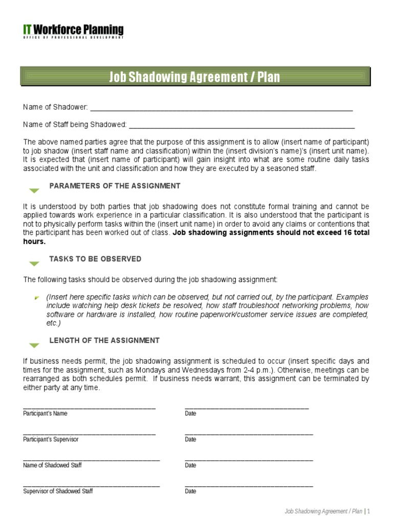 Job Shadowing Agreement / Plan: Parameters of The Assignment | PDF ...