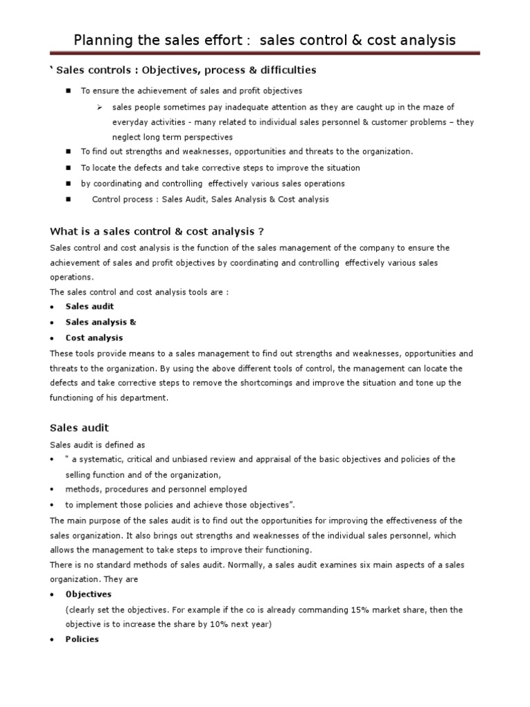 Planning The Sales Effort: Sales Control & Cost Analysis: Sales ...