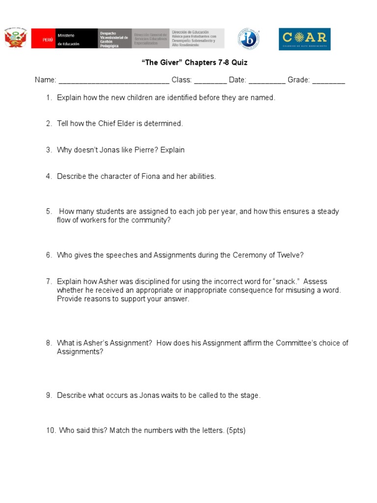 The Giver Quiz 7-8 | PDF | The Giver | Cognition
