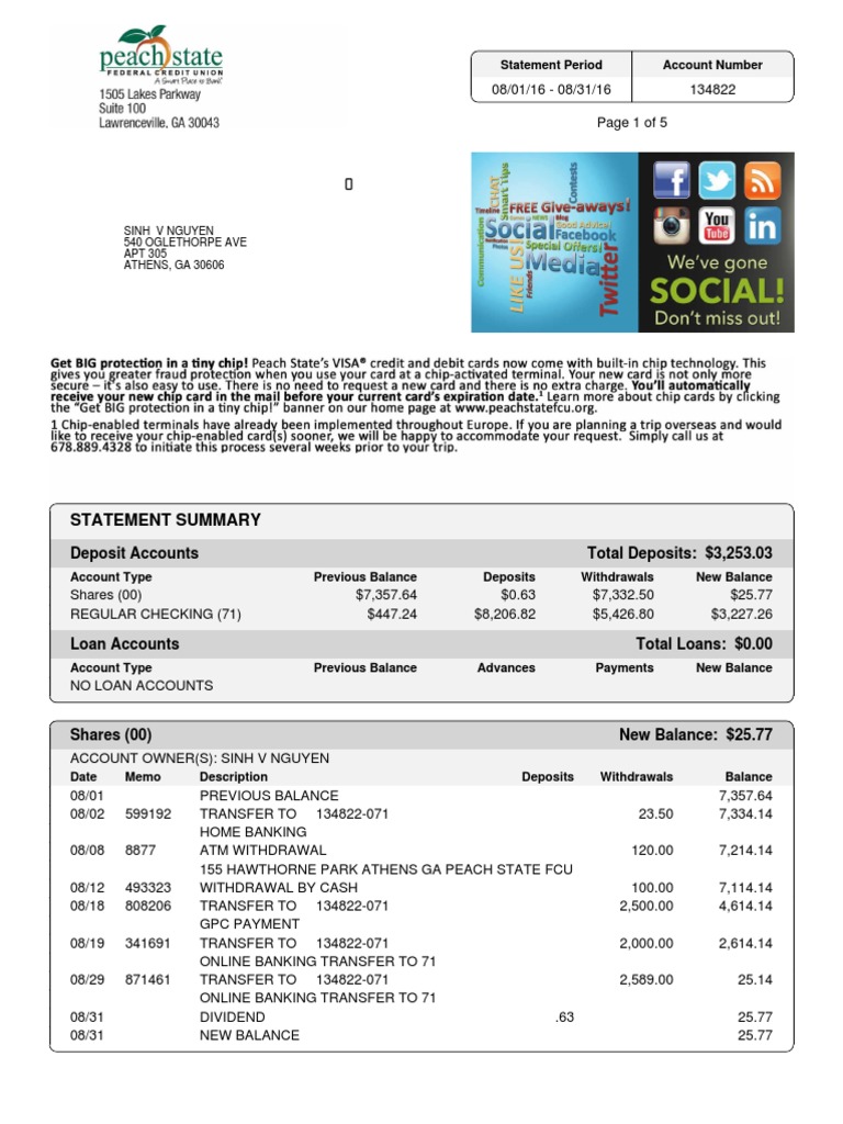 Peach State Federal Credit Union Statements | PDF | Deposit Account ...