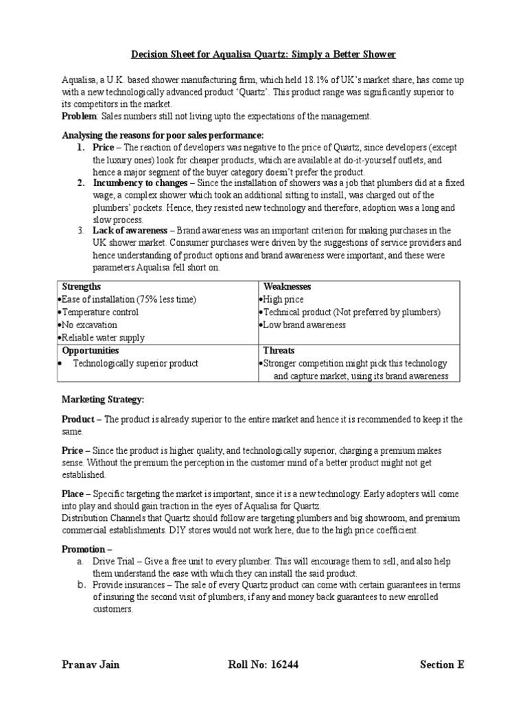 Decision Sheet For Aqualisa Quartz | PDF | Brand | Insurance