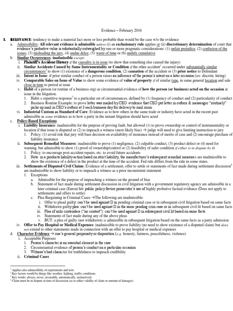 2016 Evidence Outline | PDF | Evidence (Law) | Witness