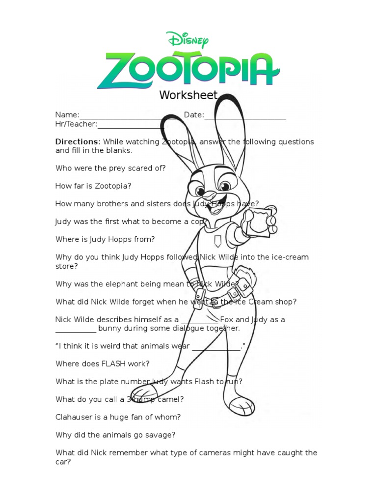 Zootopia Movie Worksheet and Questions | PDF | Self-Improvement