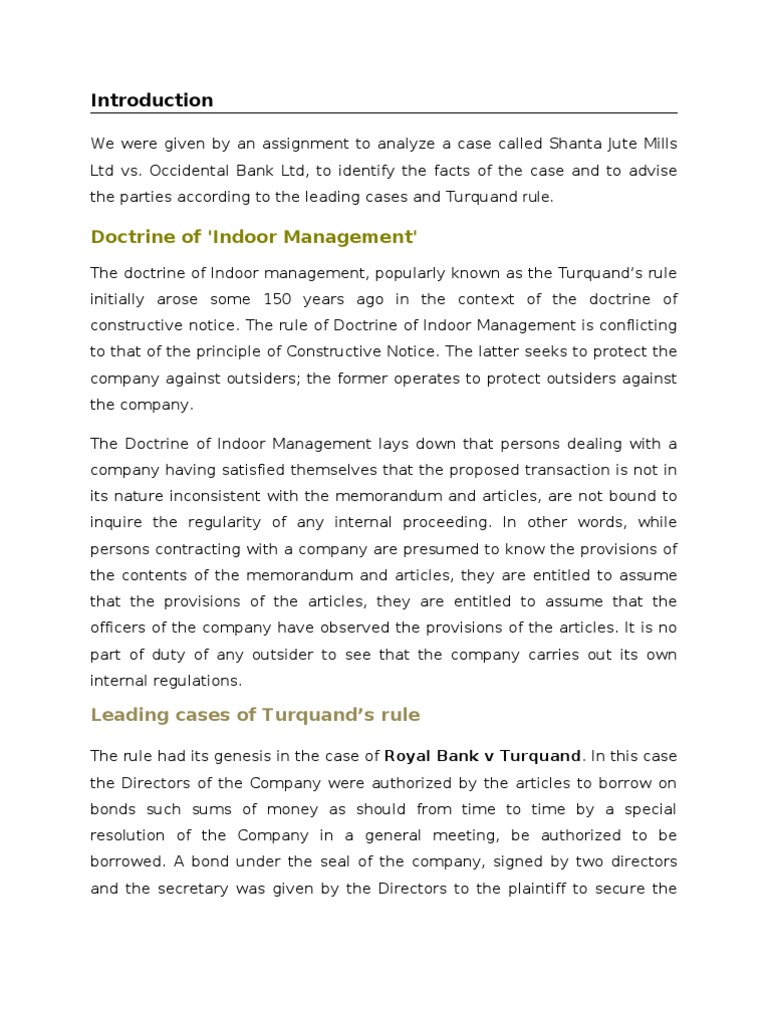 Doctrine of 'Indoor Management': Leading Cases of Turquand's Rule | PDF ...