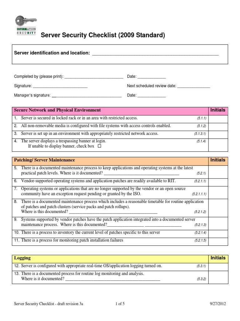 Server Security Checklist (2009 Standard) | PDF