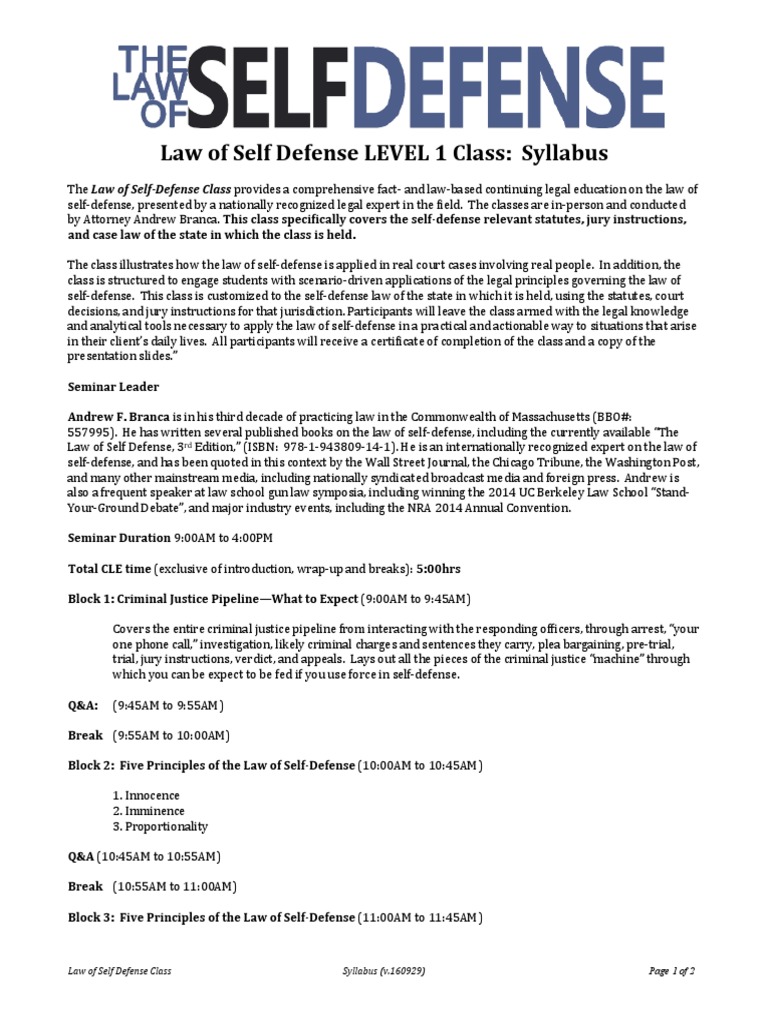 Law of Self Defense Class Syllabus (v.160929) | PDF | Self Defense ...