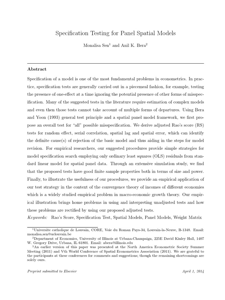 Specification Tests for Spatial Panel Models | PDF | Ordinary Least ...