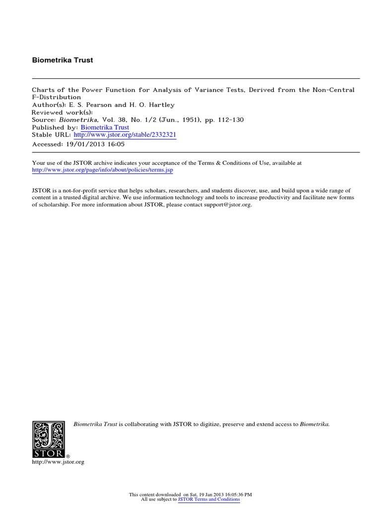 Charts of The Power Function For Analysis of Variance Tests, Derived ...