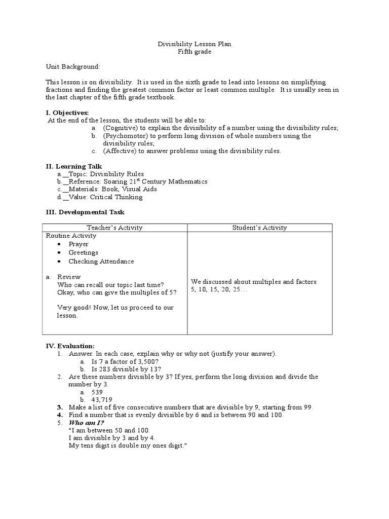 Grade 5 Divisibility Lesson Plan | PDF | Educational Psychology | Teaching