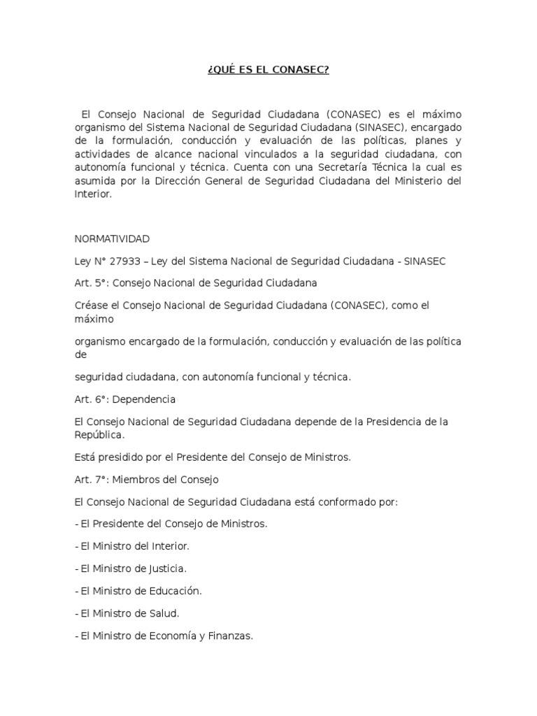 Funciones y Miembros del CONASEC | PDF | Consejo de seguridad nacional ...