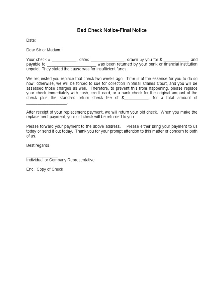 Bad Check Notice., Final Notice | PDF | Cheque | Payments