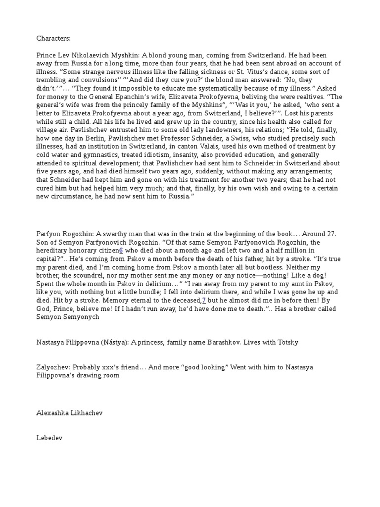 The Idiot Characters | PDF | The Idiot