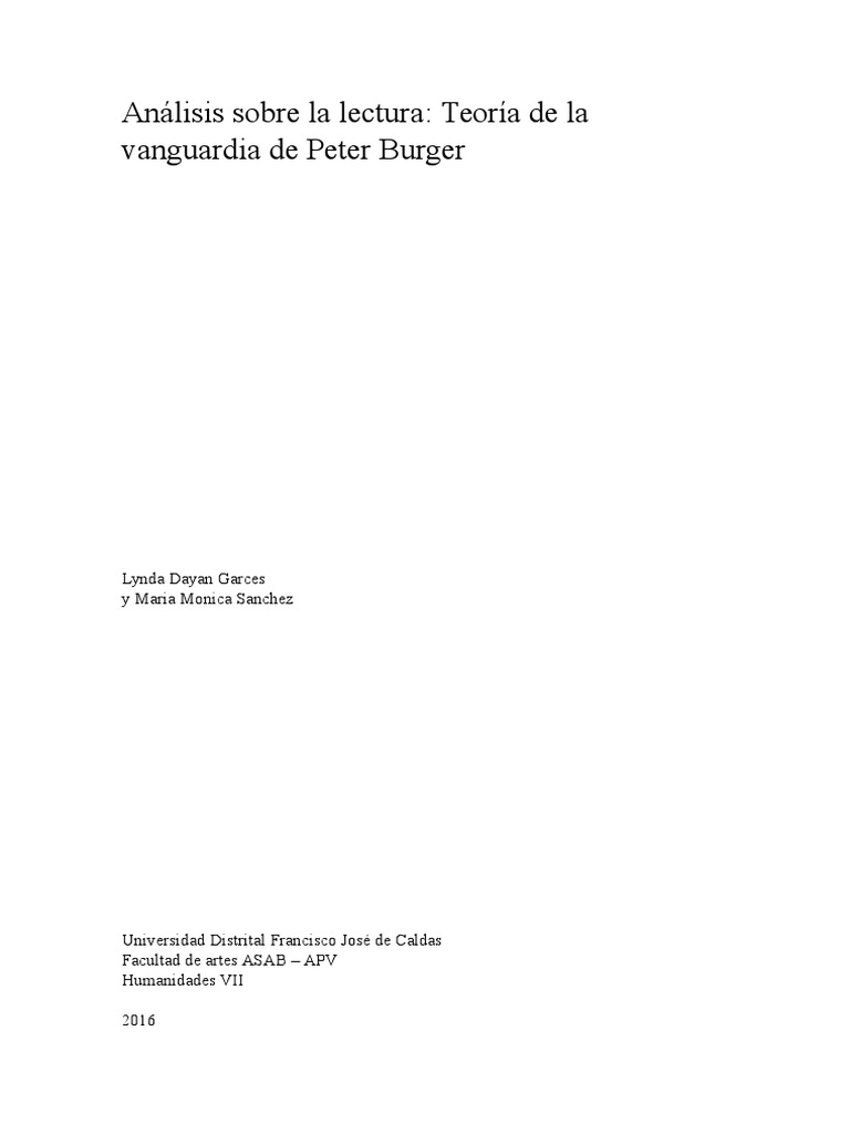 Peter Burger - Teoria de La Vanguardia Analisis | PDF | Vanguardia ...