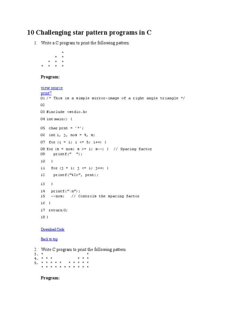 10 Challenging Star Pattern Programs in C | Download Free PDF | Computer Programming | Software ...