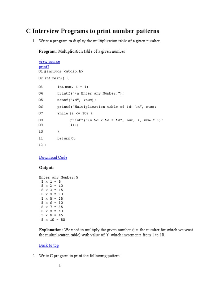 C Interview Programs To Print Number Patterns | PDF | Multiplication | Computer Engineering