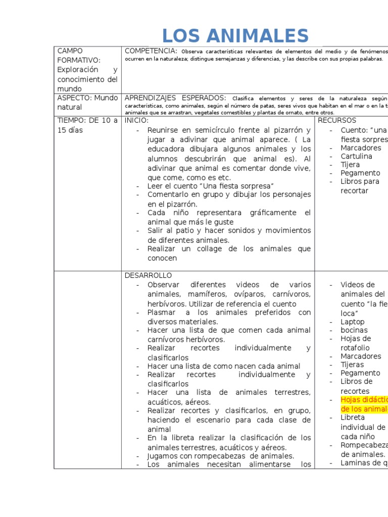 Planeacion Los Animales 3ro | PDF | Jardín de infancia | Naturaleza