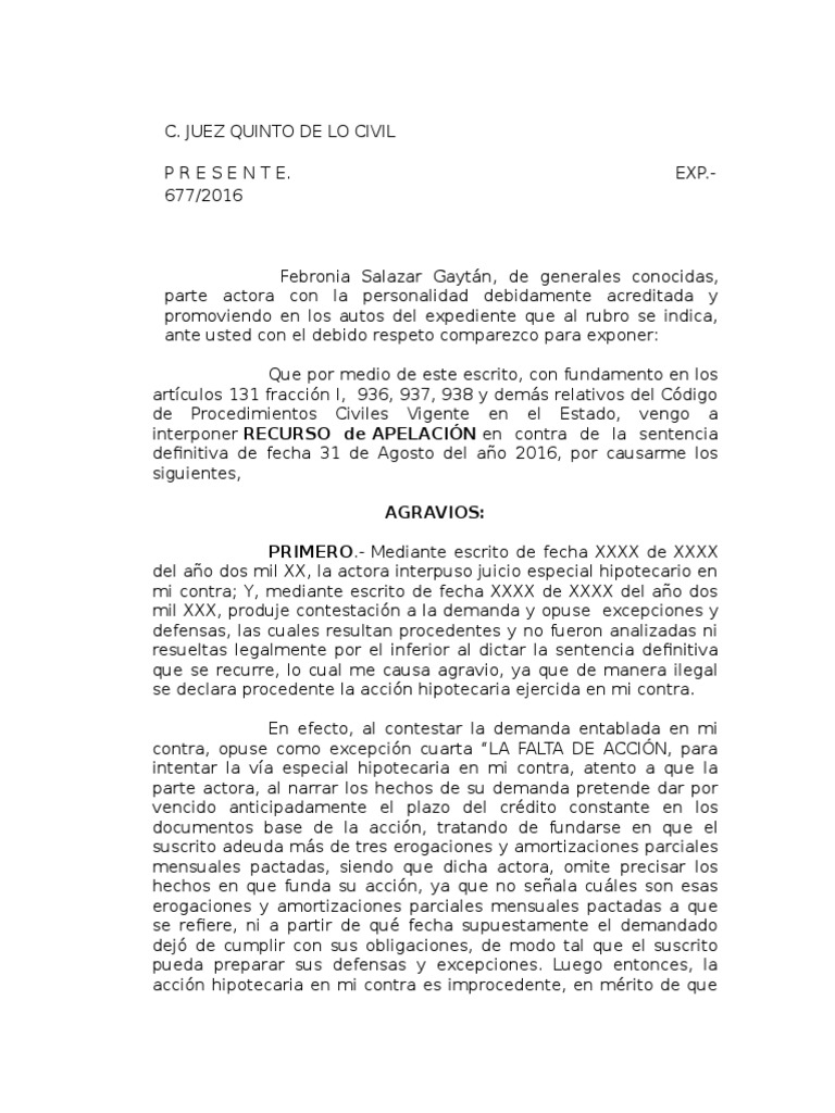 Escrito de Apelacion Con Agravios | PDF | Demanda judicial | Sentencia (Ley)