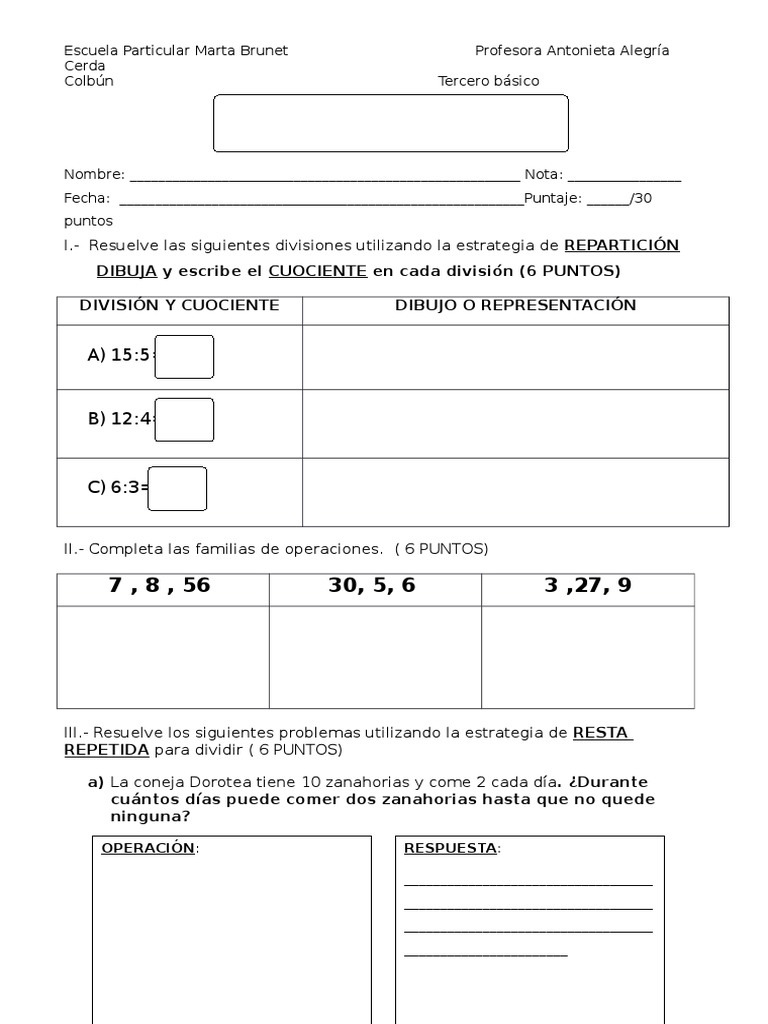 Evaluación Unidad DIVISIONES | PDF