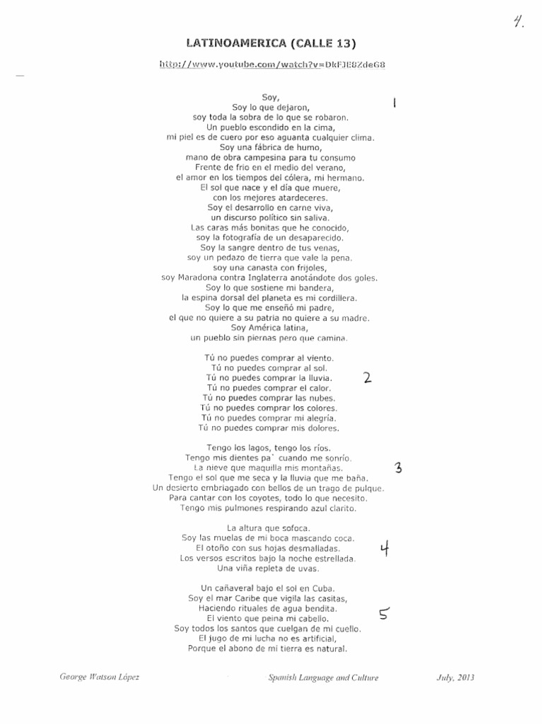Lyrics and Activity Latinoamerica Calle 13 | PDF