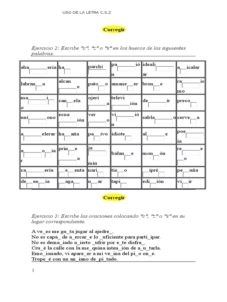 Ejercicios de Ortografía: Uso de C, S, Z | PDF | Idiomas