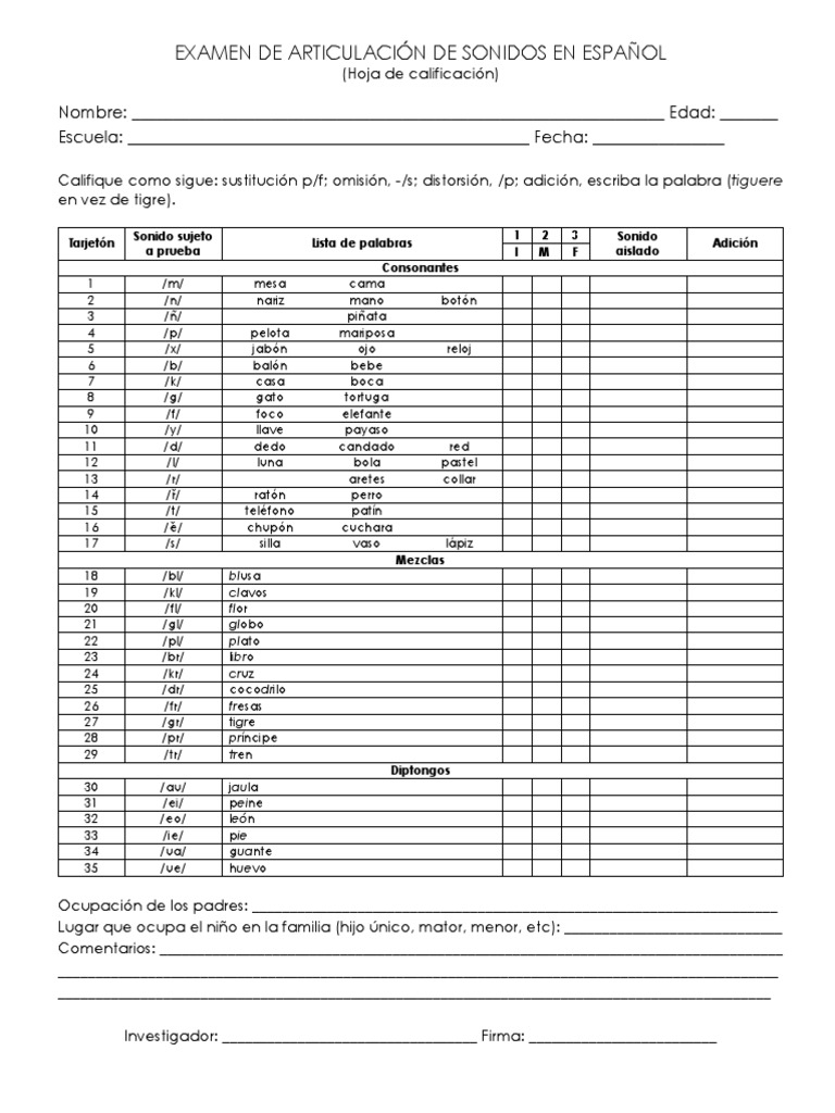 Ficha de Evaluacion de Articulación de Sonidos en Español | PDF