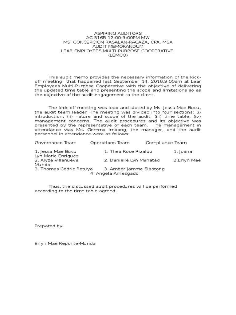 Audit Memo (Kick-Off Meeting) | PDF | Accounting | Business