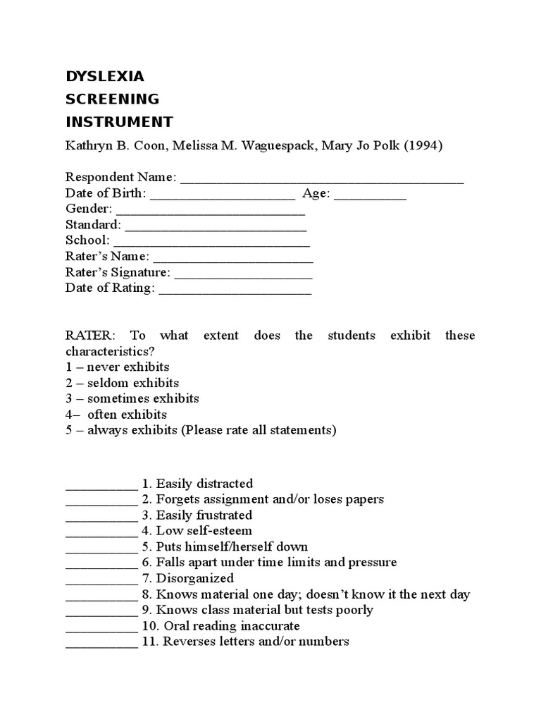 Dyslexia Screening Instrument | PDF | Dyslexia | Educational Psychology