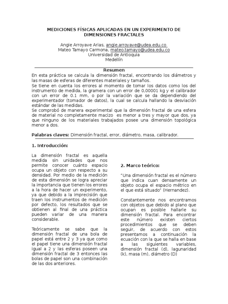 Mediciones Físicas Aplicadas en Un Experimento de Dimensiones Fractales ...