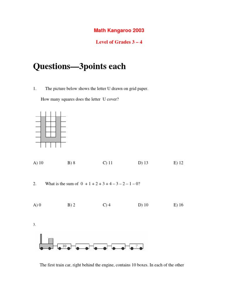 Math Kangaroo 2003 Grade 3-4 Questions | PDF