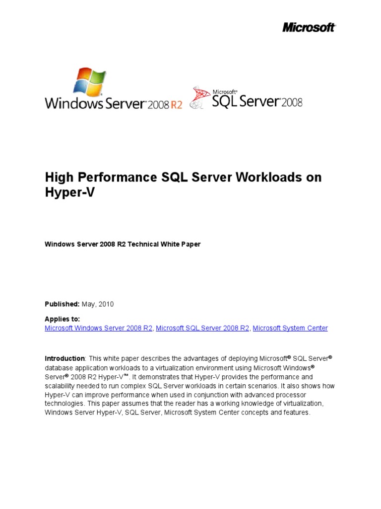 High Performance SQL Server Workloads On Hyper-V White Paper | PDF ...