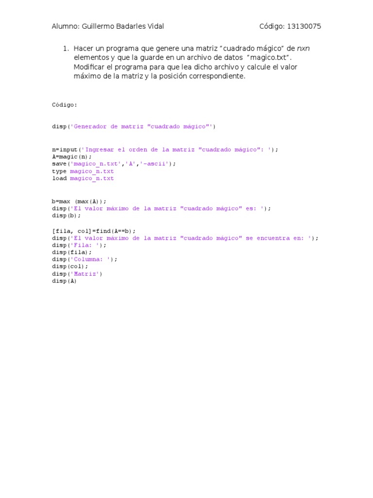 Programas MATLAB para Matemáticas y Gráficas | PDF | Matriz ...