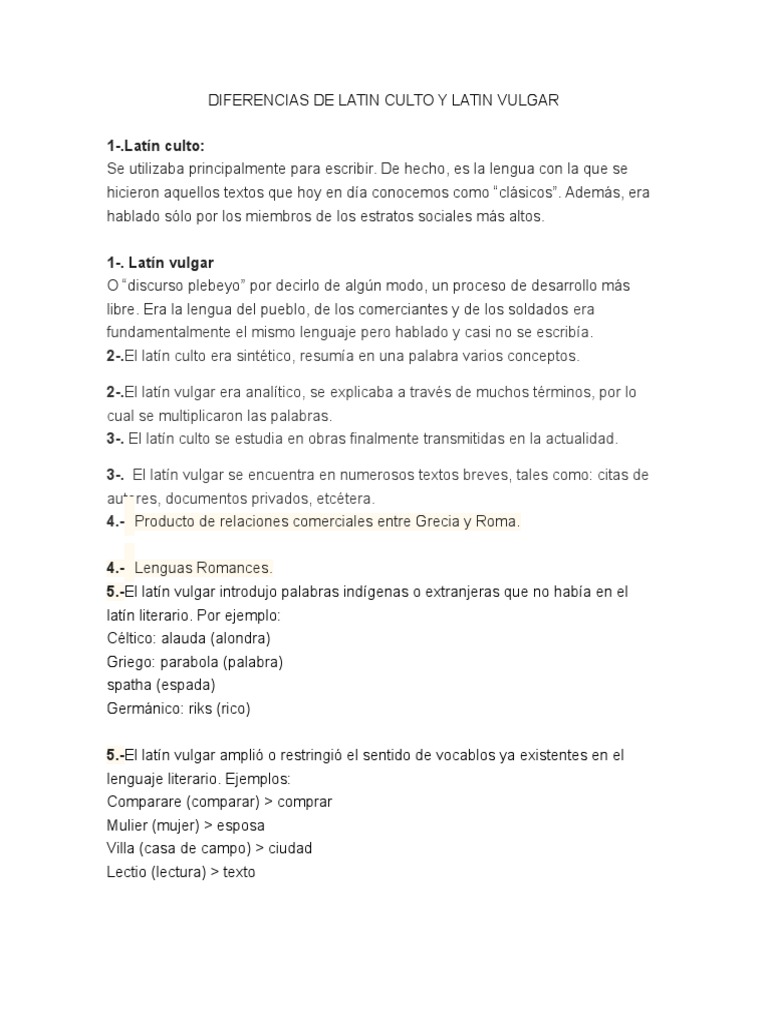 Diferencias de Latin Culto y Latin Vulgar | PDF Diferencias de Latin Culto y Latin Vulgar | PDF
