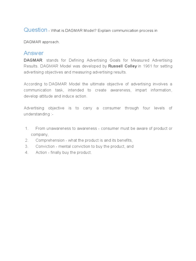 What Is DAGMAR Model? Explain Communication Process in DAGMAR Approach | PDF