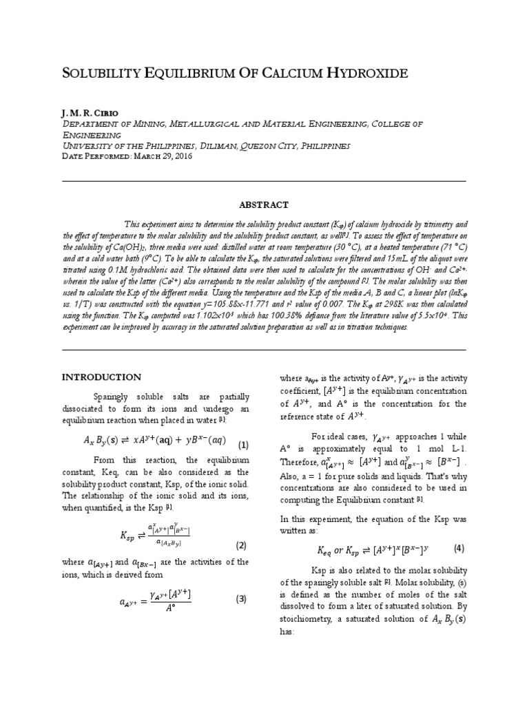 Solubility Equilibrium of Calcium Hydroxide | PDF | Solubility ...