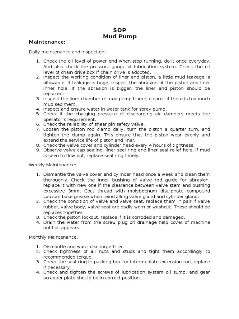 SOP (Mud Pump) | PDF | Valve | Cylinder (Engine)