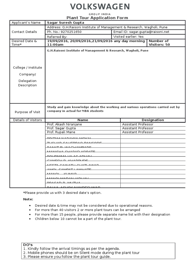 Plant Tour Application Form: Sagar Suresh Gupta | PDF