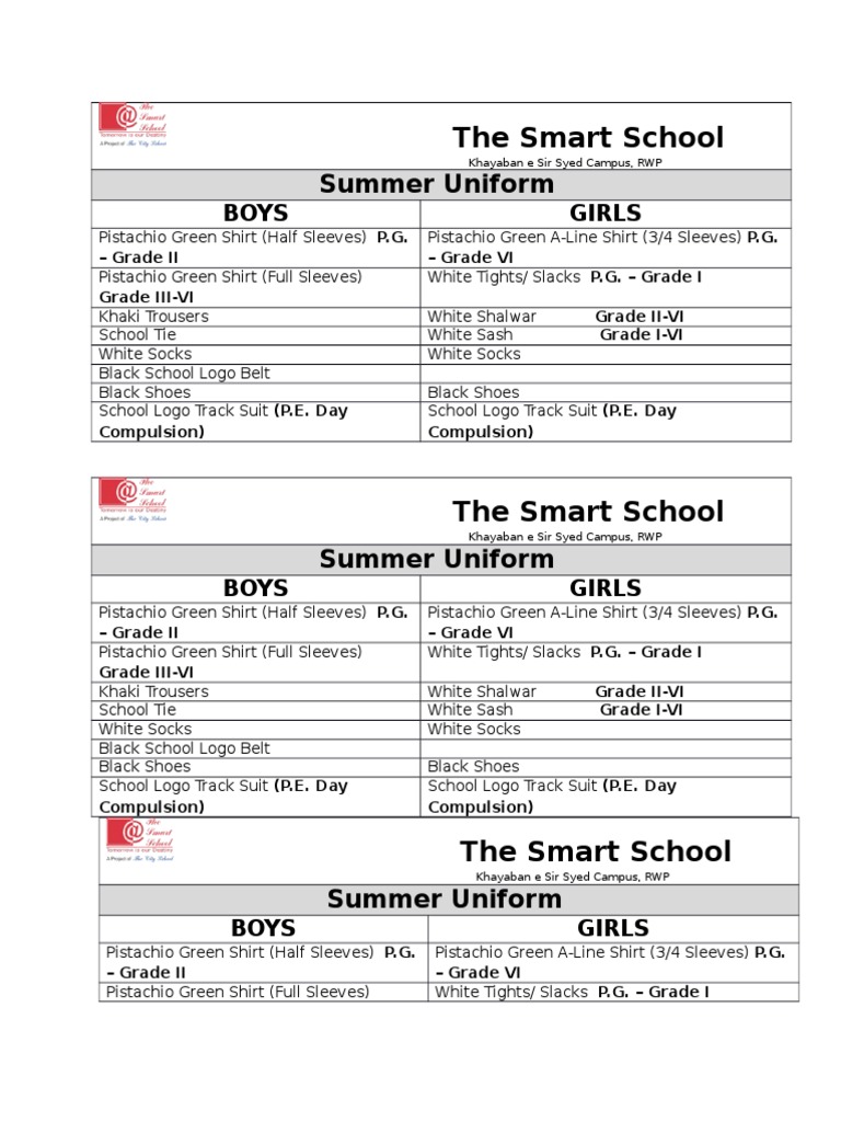 Summer Uniform Requirements for Boys and Girls at The Smart School ...