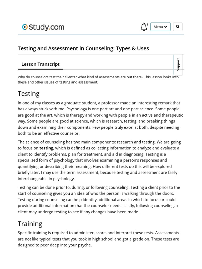 Testing and Assessment in Counseling Types & Uses | PDF | Psychological ...