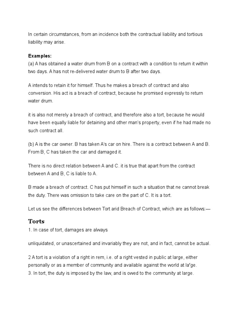 Tort Vs Contract Breach | PDF | Damages | Tort