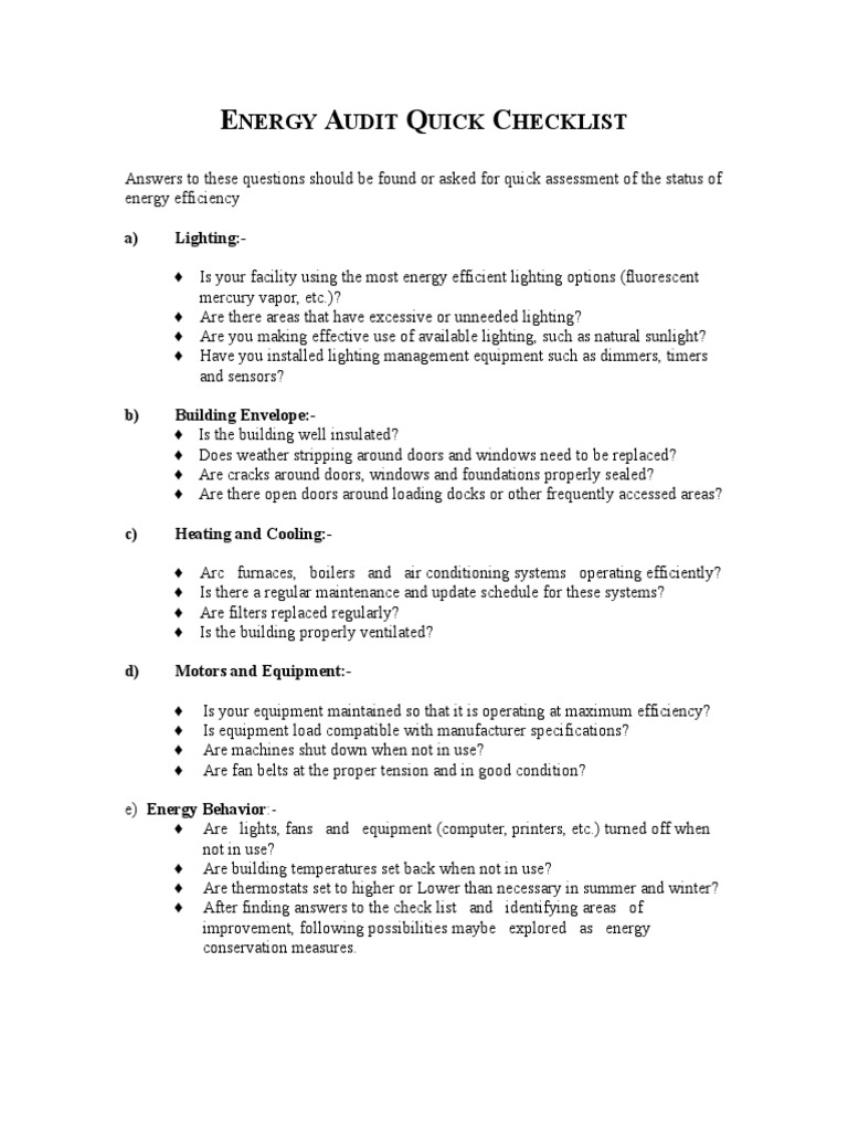 Energy Audit Quick Checklist | Building Insulation | Lighting | Free 30 ...