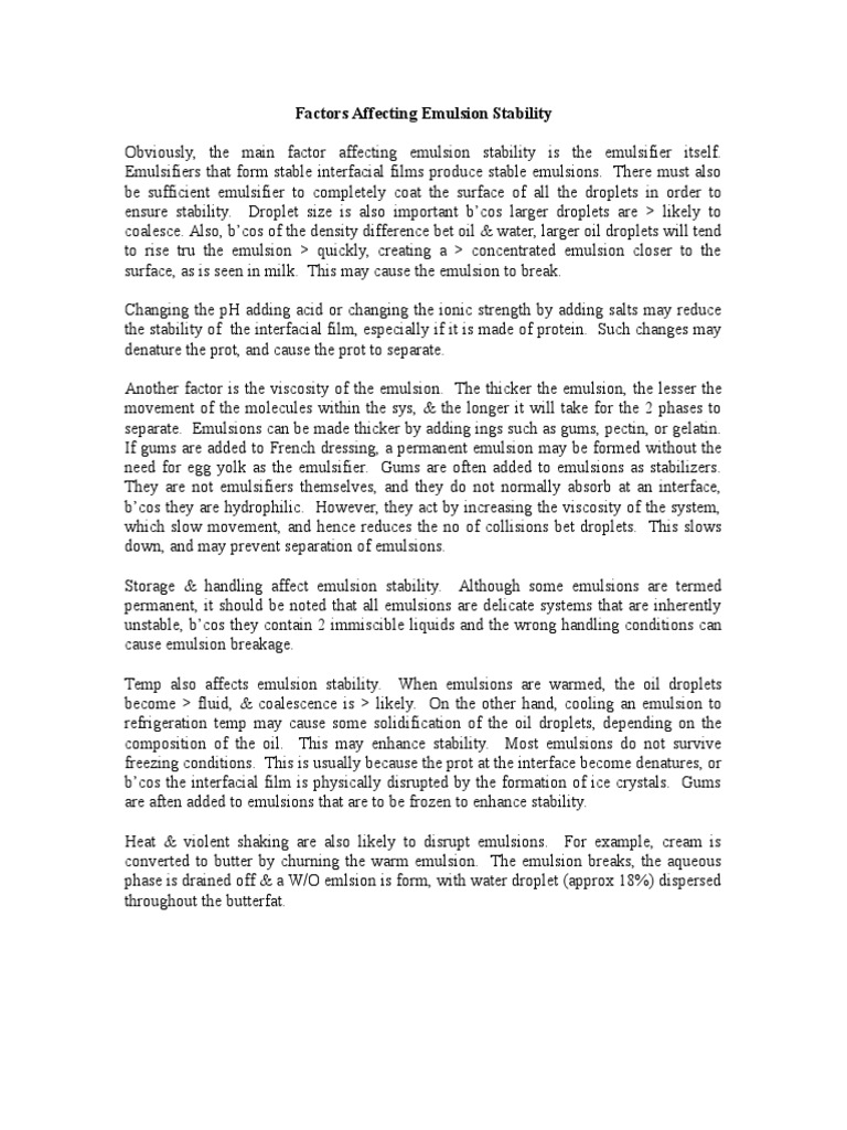 Factors Affecting Emulsion Stability | PDF | Emulsion | Chemical Substances