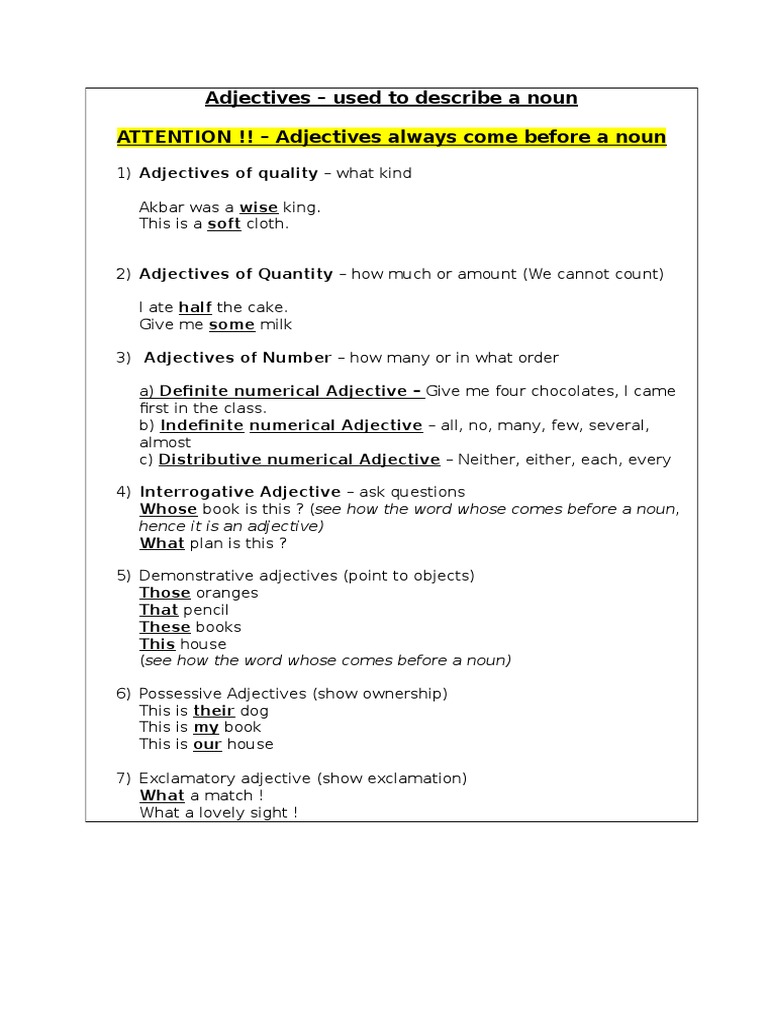 Adjectives - Used To Describe A Noun ATTENTION !! - Adjectives Always ...