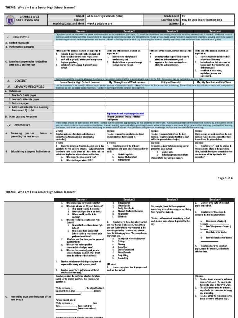 SHS Daily Lesson Log | Study Skills | Educational Assessment