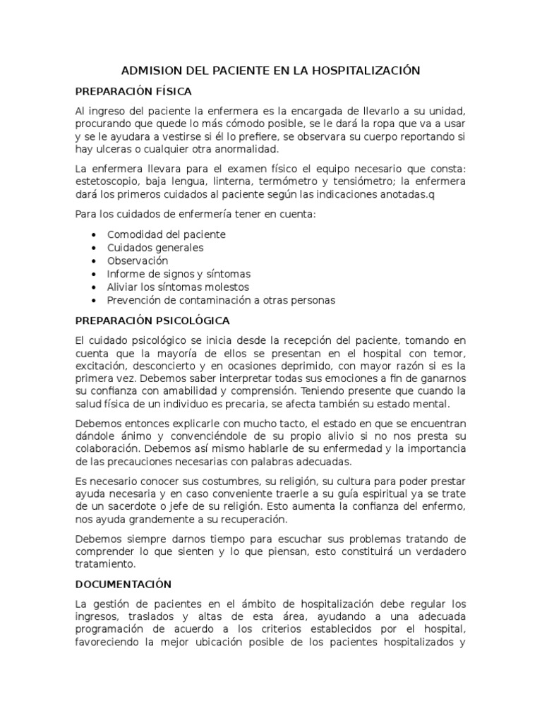 Admision Del Paciente en La Hospitalización | PDF | Hospital | Medicina