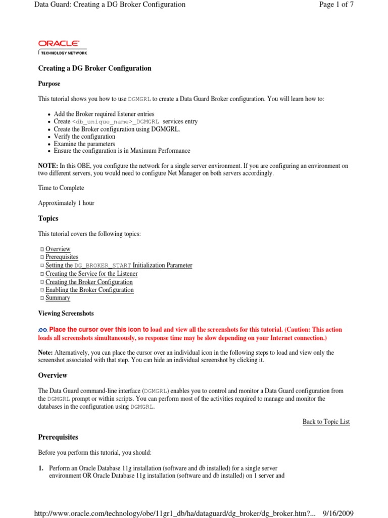 DG Broker Configuration | PDF | Oracle Database | Databases DG Broker Configuration | PDF | Oracle Database | Databases
