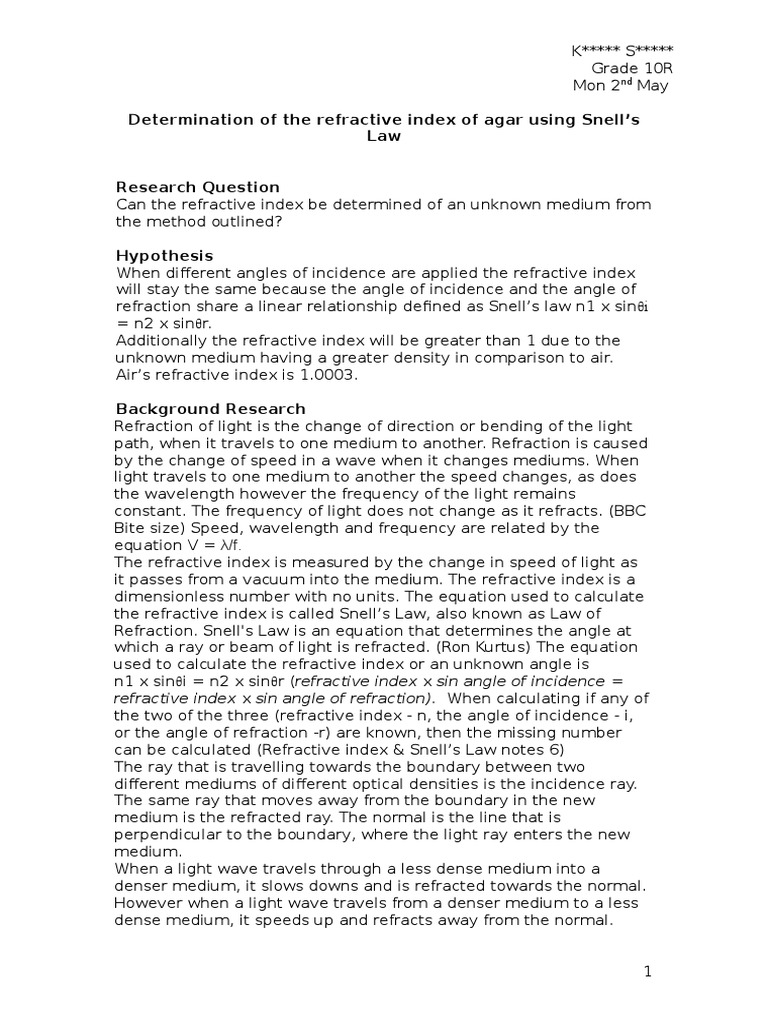 Refraction Lab Refraction Refractive Index