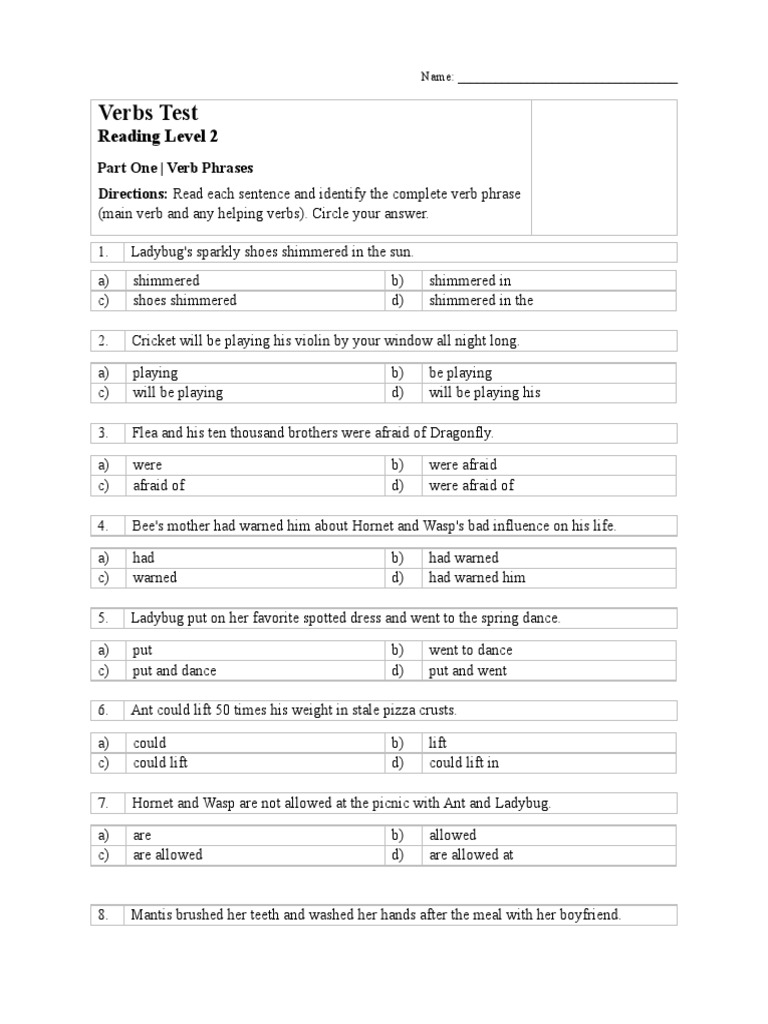 Verbs Test Reading Level 02 | PDF | Insects | Nature