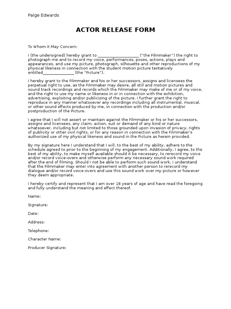 Actor Release Form | PDF