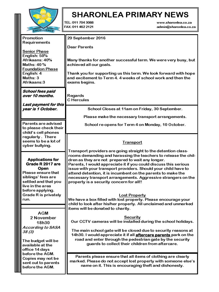 Sharonlea Primary Parent Update | PDF | Language Arts & Discipline ...