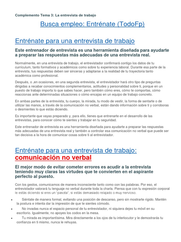 Complemento Tema 3 Entrevista de Trabajo | PDF | Comunicación no verbal | Entrevista de trabajo